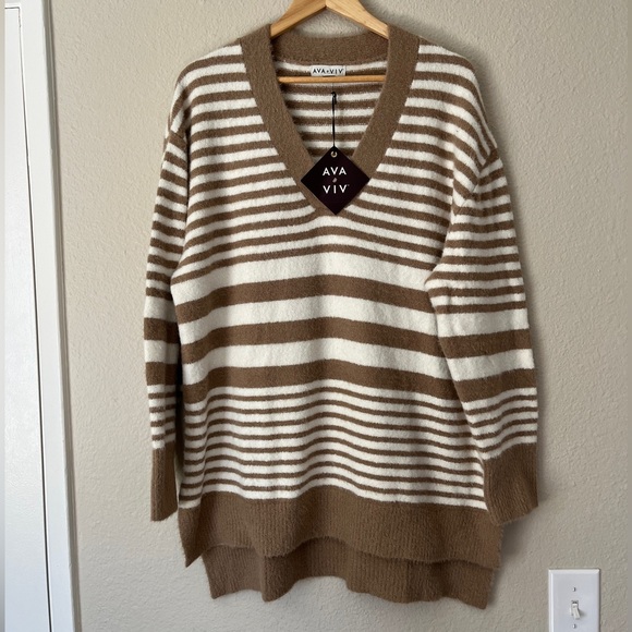 Ava & Viv | Sweaters | Nwt Ava Viv Striped Fuzzy Soft Sweater V Neck Tan White Womens Xxl | Poshmark